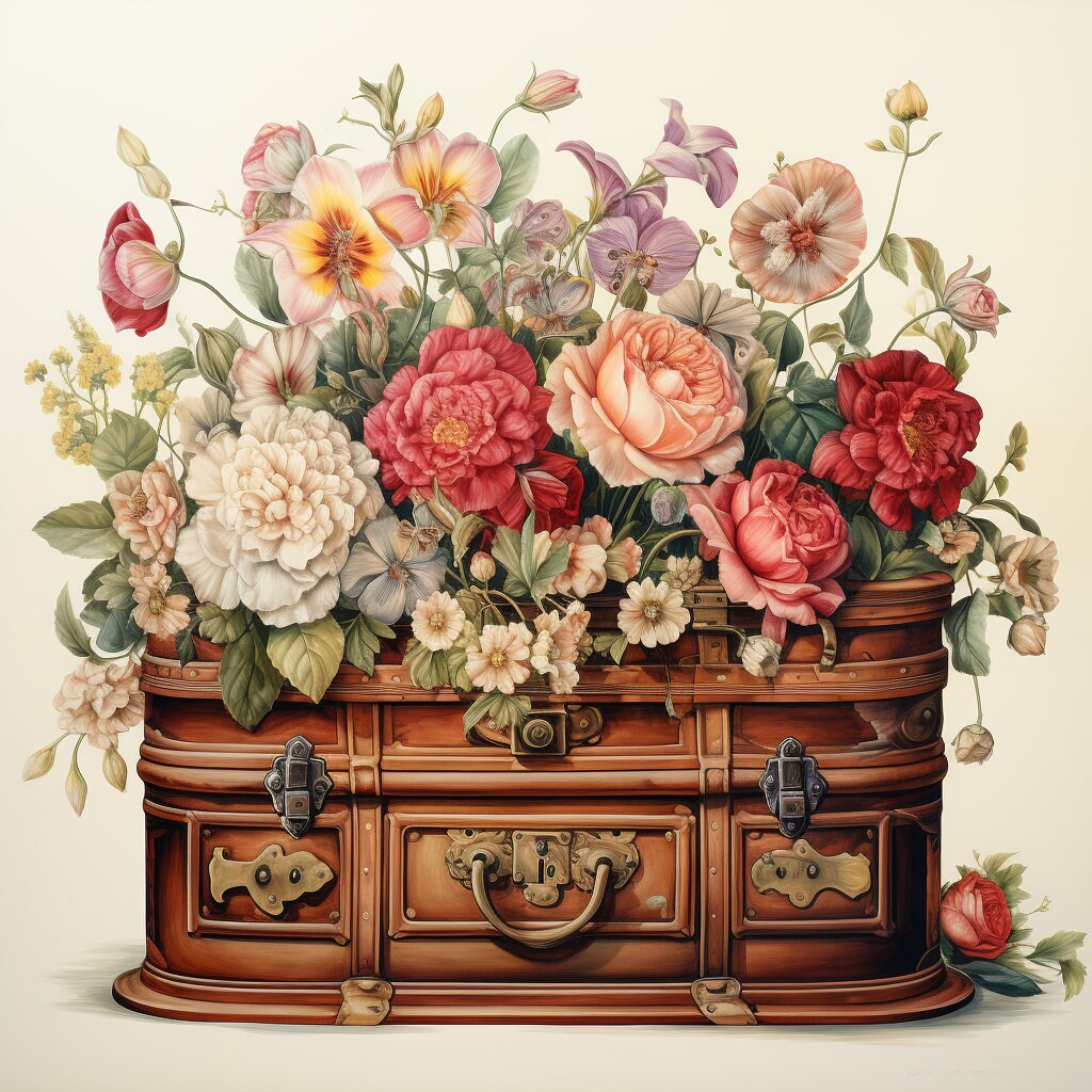 10 Vintage Chest Flowers Clipart, Old Floral Chest Clipart, Flowers ...