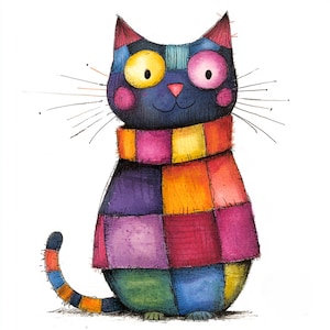Watercolor Patchwork Cat Clipart: Vintage Scrapbooking Art (digital ...
