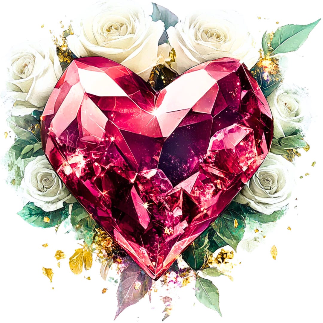 Crystal Red Heart With White Roses: Valentine's Day PNG (digital ...