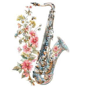 12 Floral Saxophone Clipart, PNG, Saxophone With Flowers Png, Printable ...
