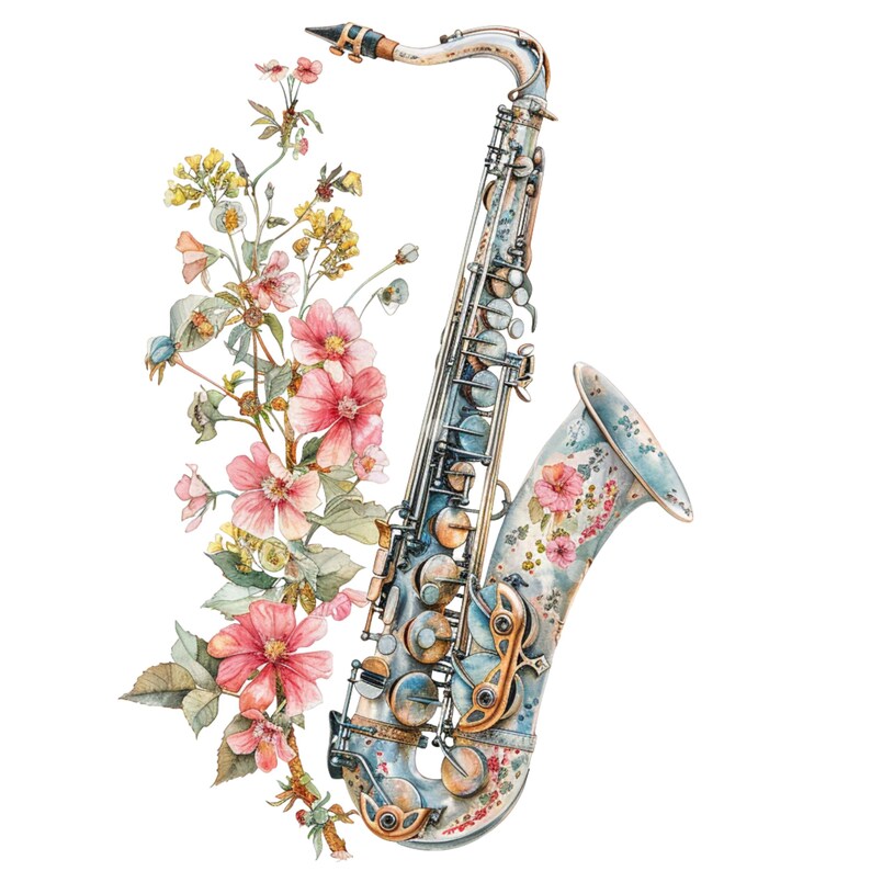 12 Floral Saxophone Clipart, PNG, Saxophone With Flowers Png, Printable ...