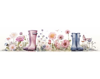 10 Floral Rain Boots Border Watercolor Clipart, Rain Boots Illustration ...