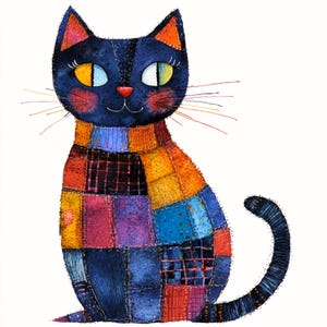 Watercolor Patchwork Cat Clipart: Vintage Scrapbooking Art (digital ...
