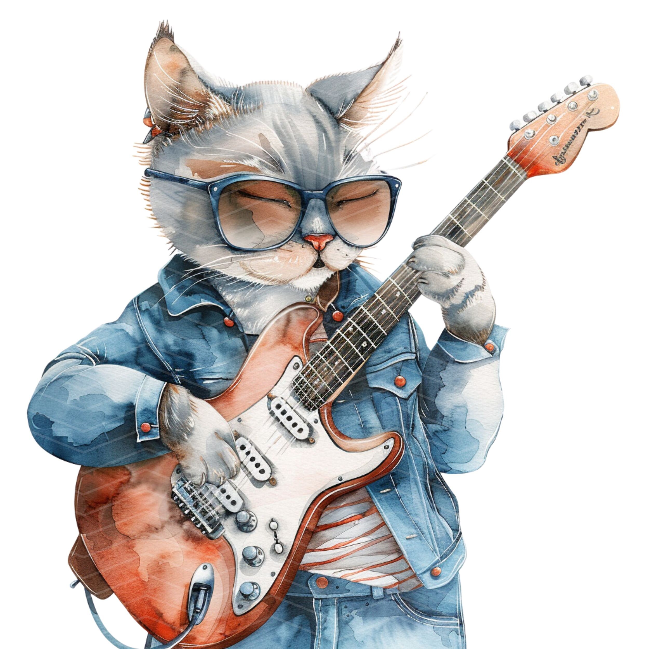 Rocker Cat Clipart: Watercolor Rockstar Musician PNG (5000x5000) - Etsy