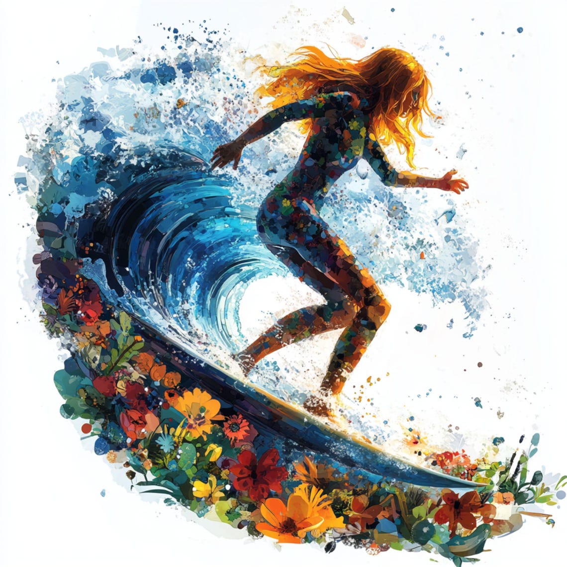 Surfing Girl With Flowers Clipart: Summer Digital Images (commercial ...
