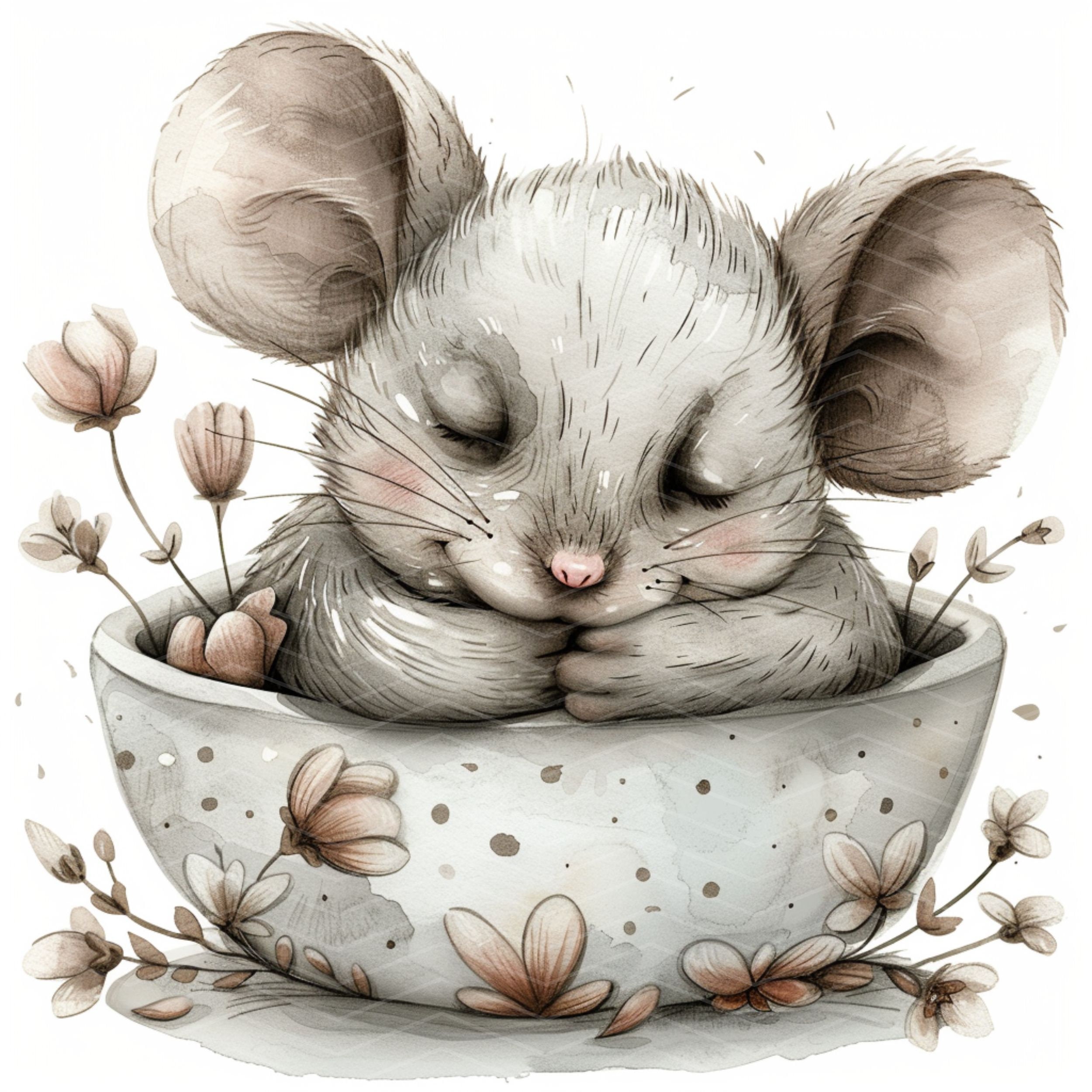 Watercolor Sleeping Mouse Clipart: Baby Mouse in Flower (JPG Digital ...