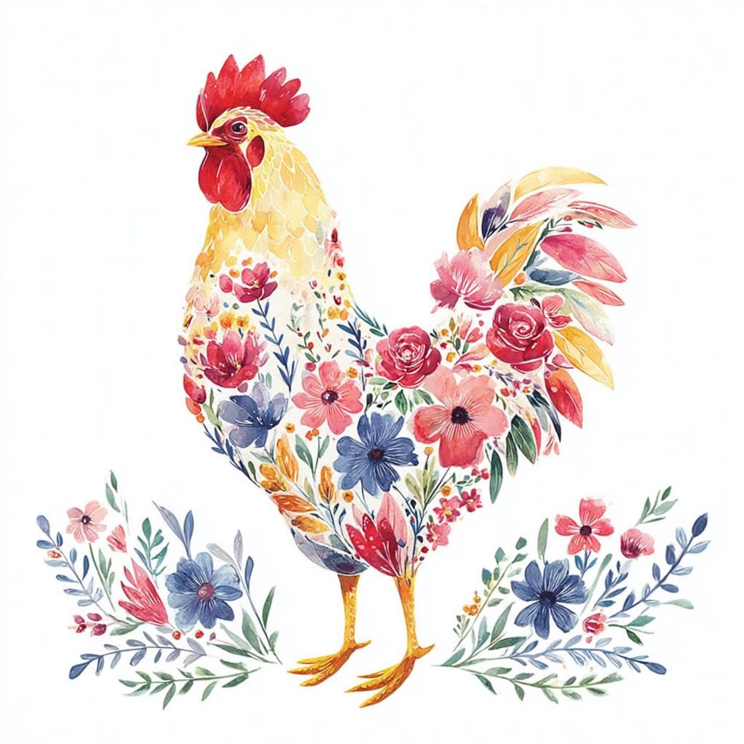 Floral Chicken Watercolor Clipart: Farm Animal PNG (digital Download ...