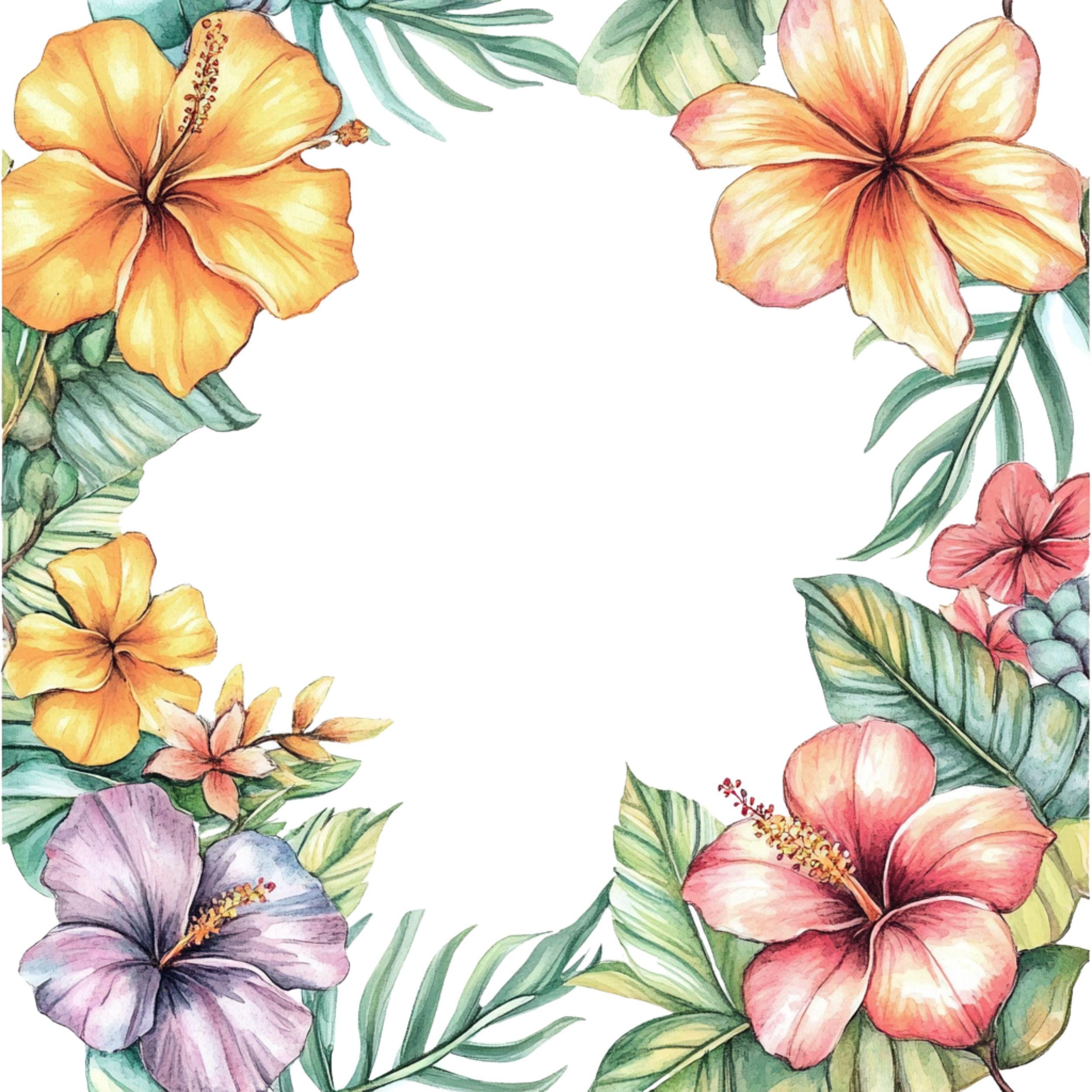 Watercolor Hibiscus Flower Frames Clipart: Hawaii PNG (digital Download ...