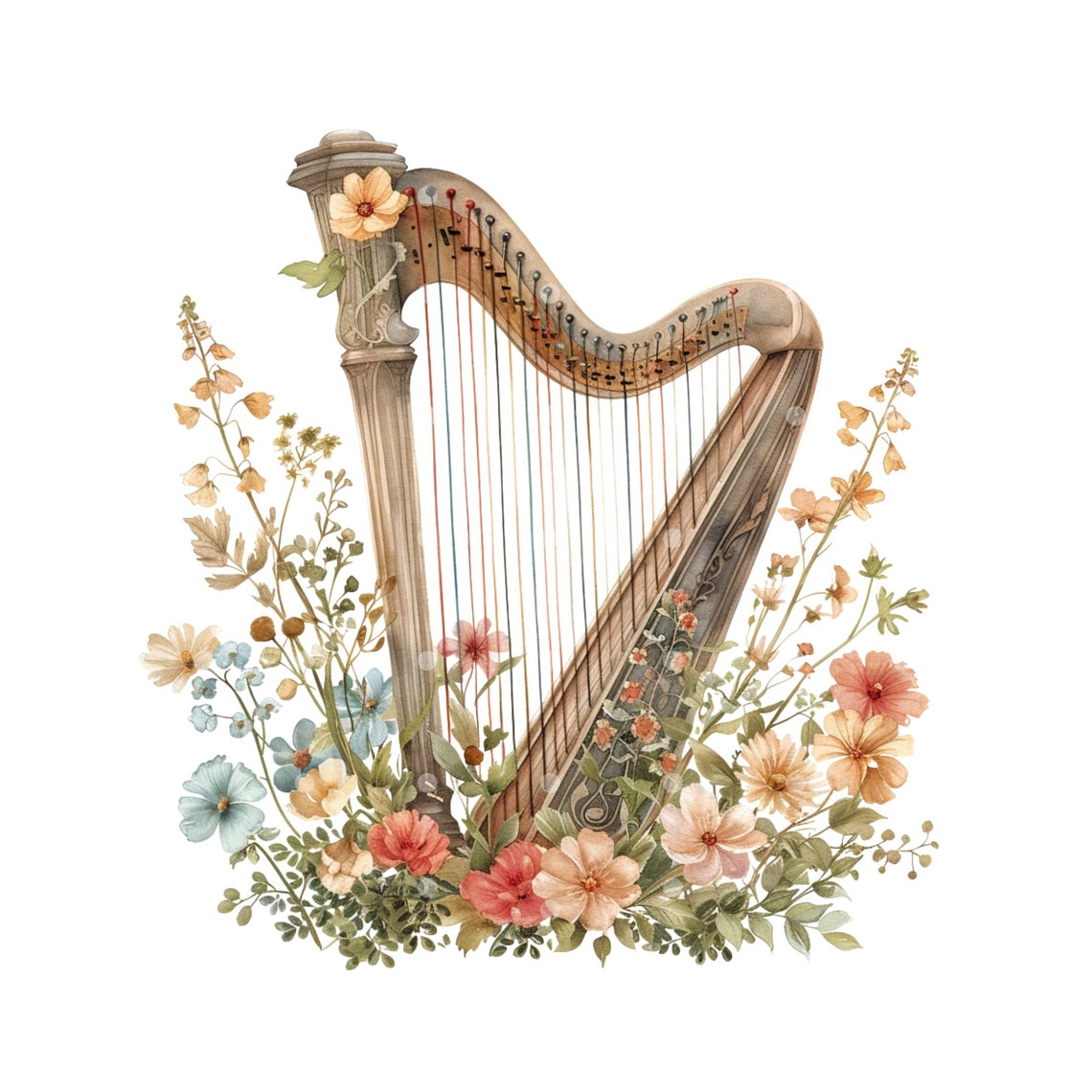 12 Floral Harp Clipart, PNG, Harp With Flowers Png, Printable ...