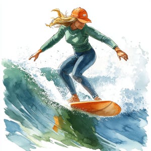 Surfing Girl Watercolor Clipart: Beach Summer Graphics (JPG) - Etsy
