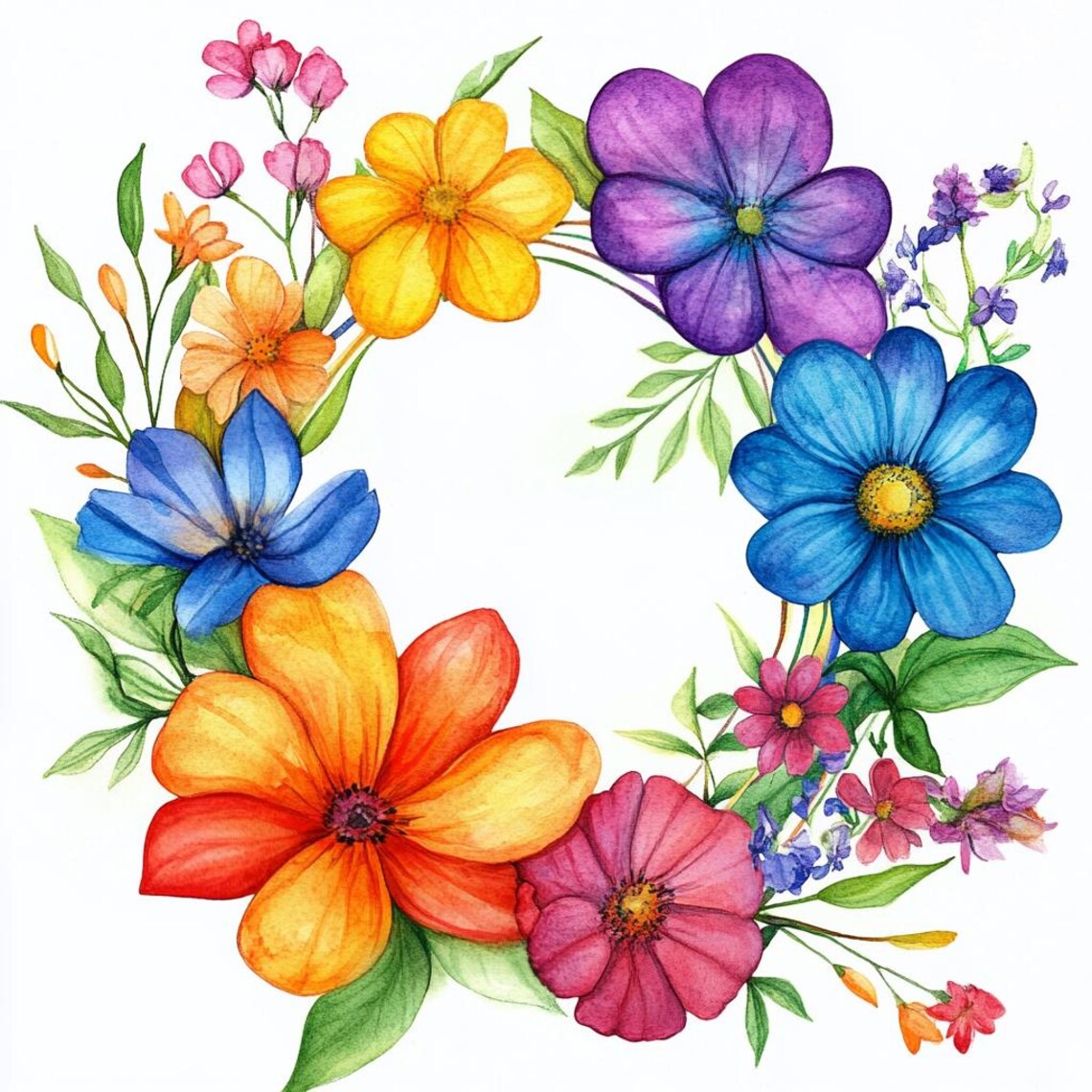 Rainbow Floral Frame Clipart: Colorful Flower Borders (PNG, Digital ...