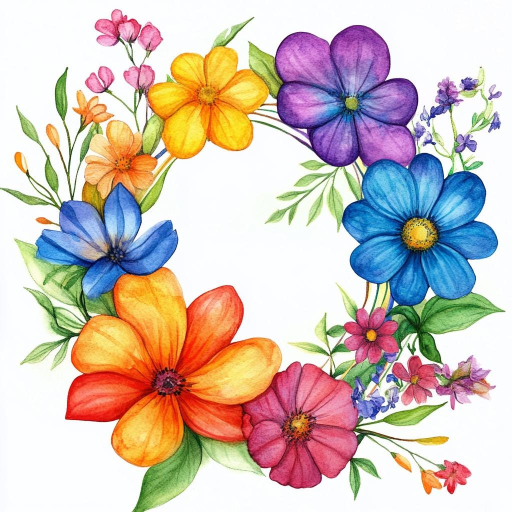 Rainbow Floral Frame Clipart: Colorful Flower Borders (PNG, Digital ...