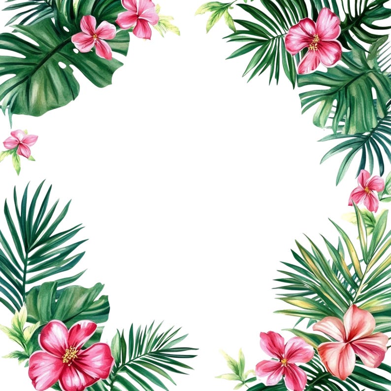 Tropical Watercolor Flower Frames Clipart: Hibiscus PNG (digital ...