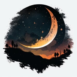 Romantic Watercolor Moon Clipart: Night Sky Illustrations (digital ...