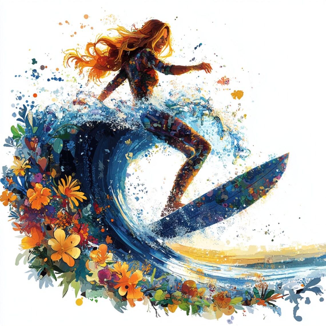 Surfing Girl With Flowers Clipart: Summer Digital Images (commercial ...