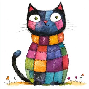 Watercolor Patchwork Cat Clipart: Vintage Scrapbooking Art (digital ...