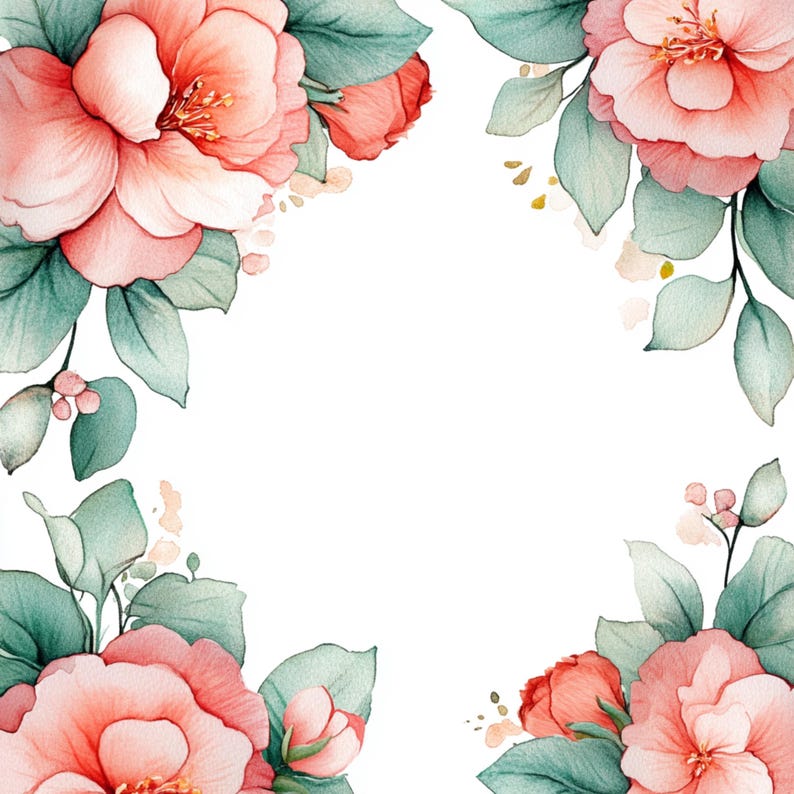 Peach Floral Frame Clipart: Watercolor Flower Borders (digital Download ...