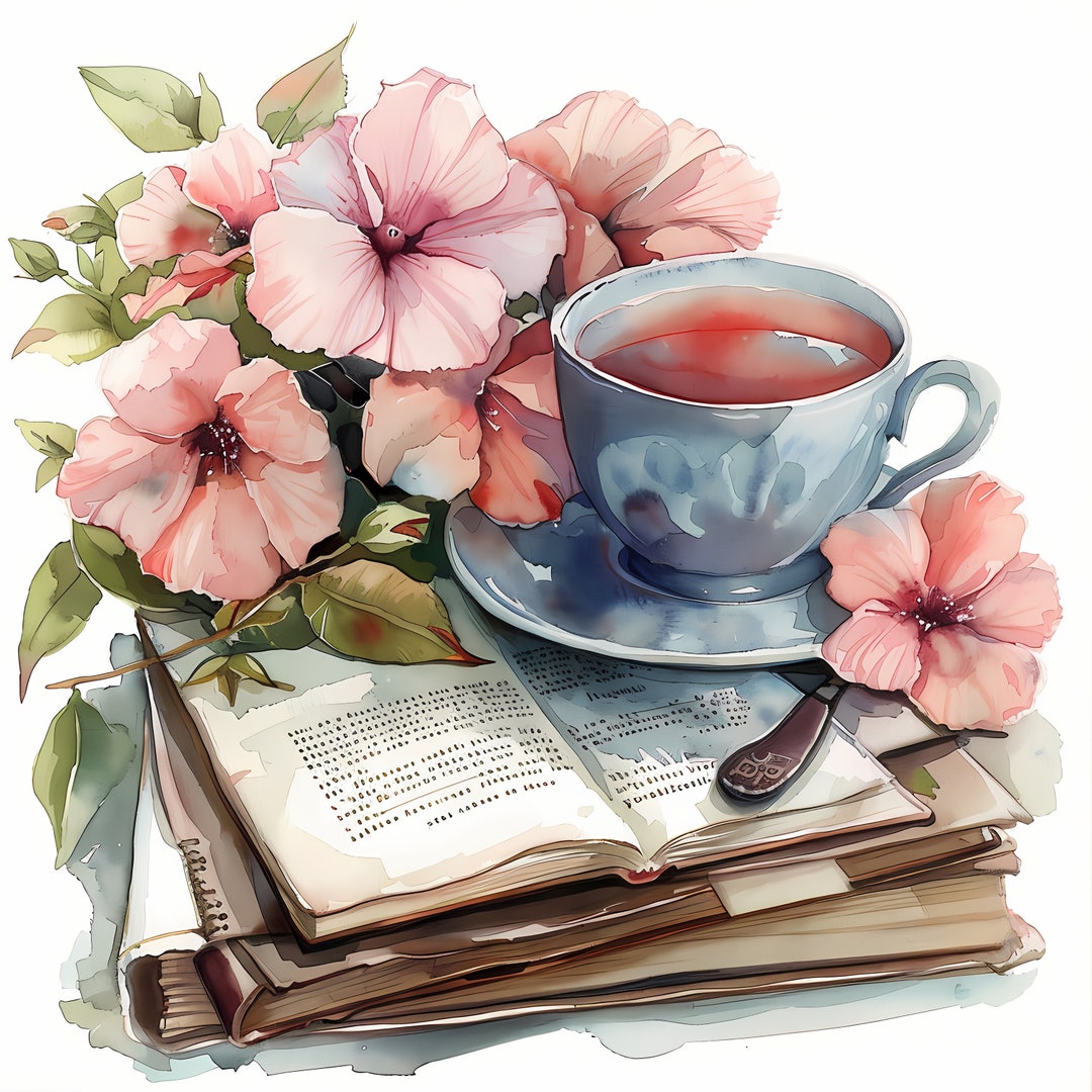 12 Books Tea Clipart, Books Clipart, Tea Wall Art Clipart, Printable ...