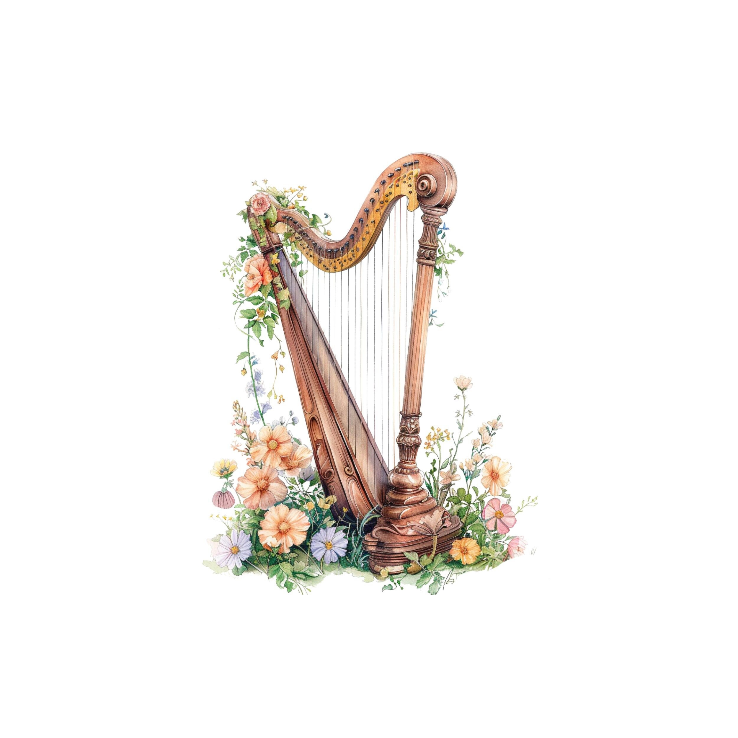 12 Floral Harp Clipart, PNG, Harp With Flowers Png, Printable ...