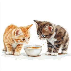 15 EATING KITTEN CLIPARTS, Watercolor Image of Eating Cat, Feeding Cat ...