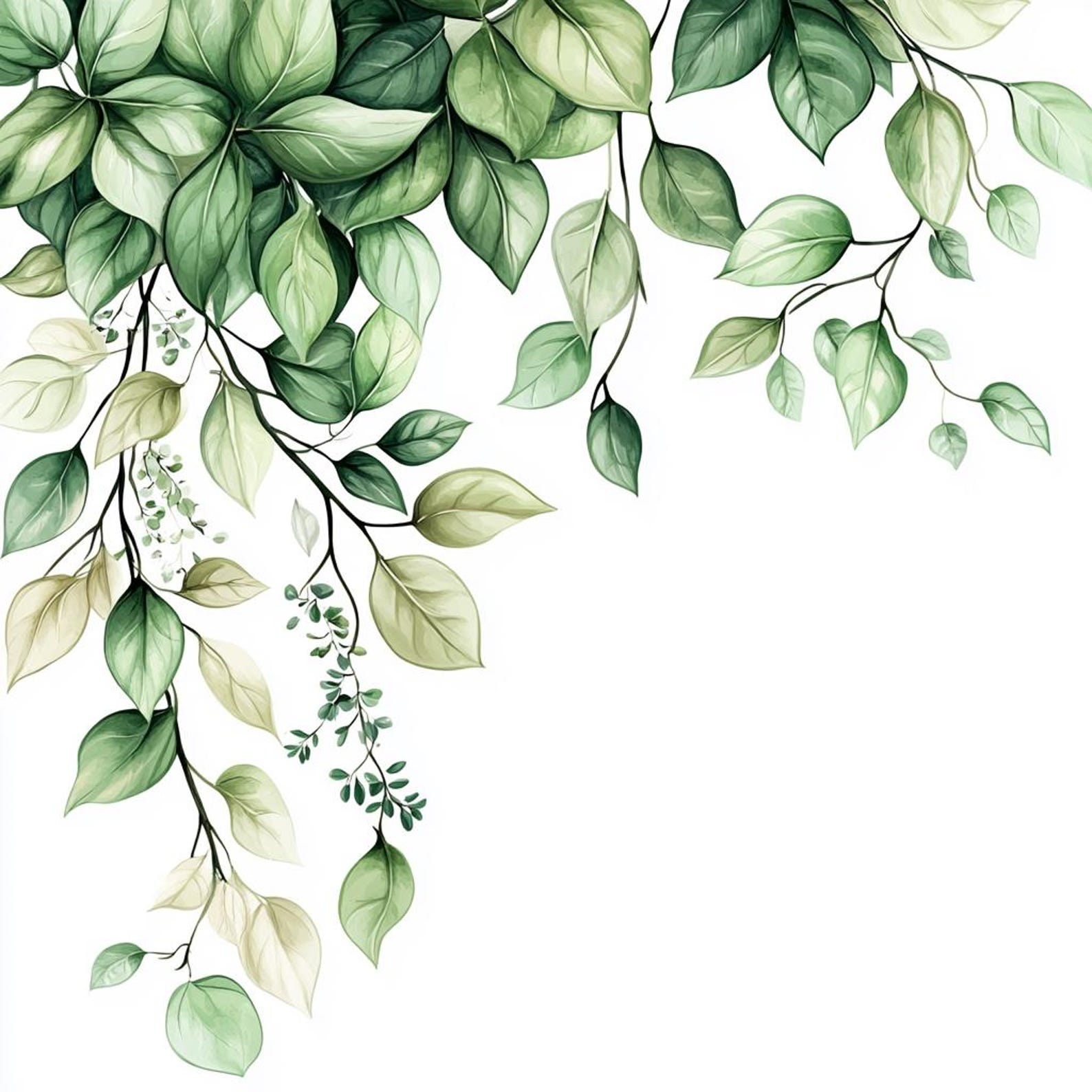 Watercolor Green Leaves Clipart: Botanical Foliage PNG (digital ...