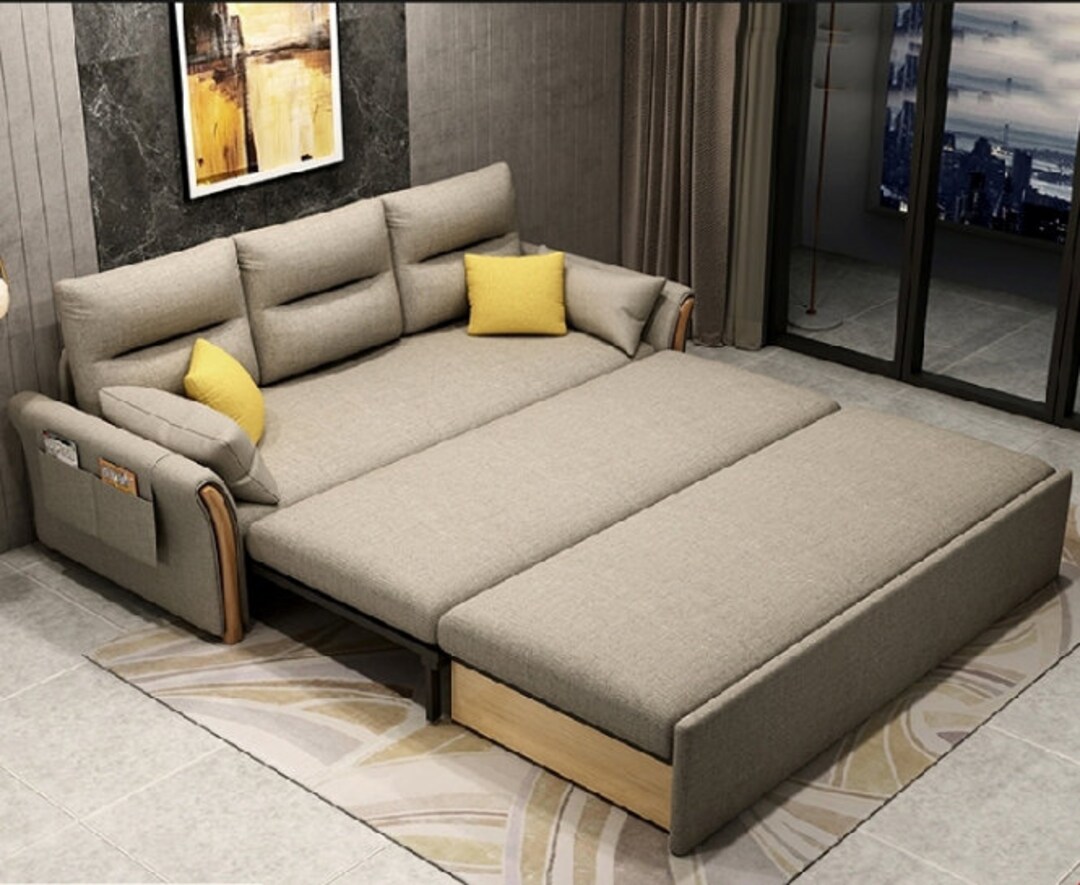 Handmade Multifunctional Folding Fabric Sofa, Solid Wood Sliding Sofa ...