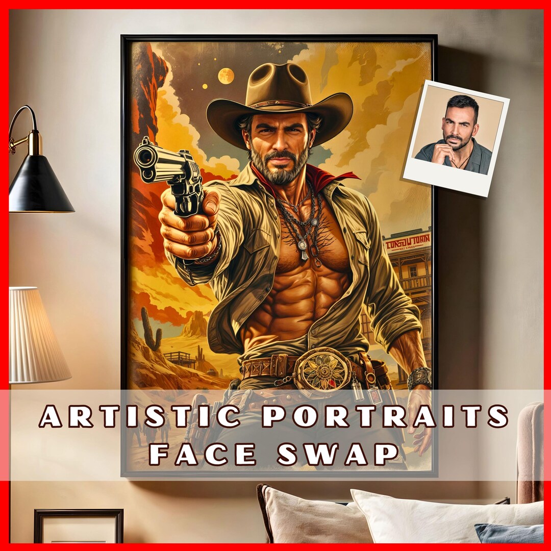 Vintage Gunslinger Movie Poster, Custom Face Swap Portrait, Pin-up Art ...