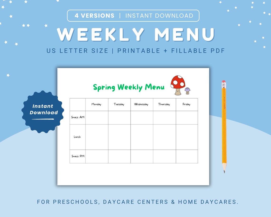 Daycare Weekly Menu Printable, Home Daycare Monthly Meal Planner ...