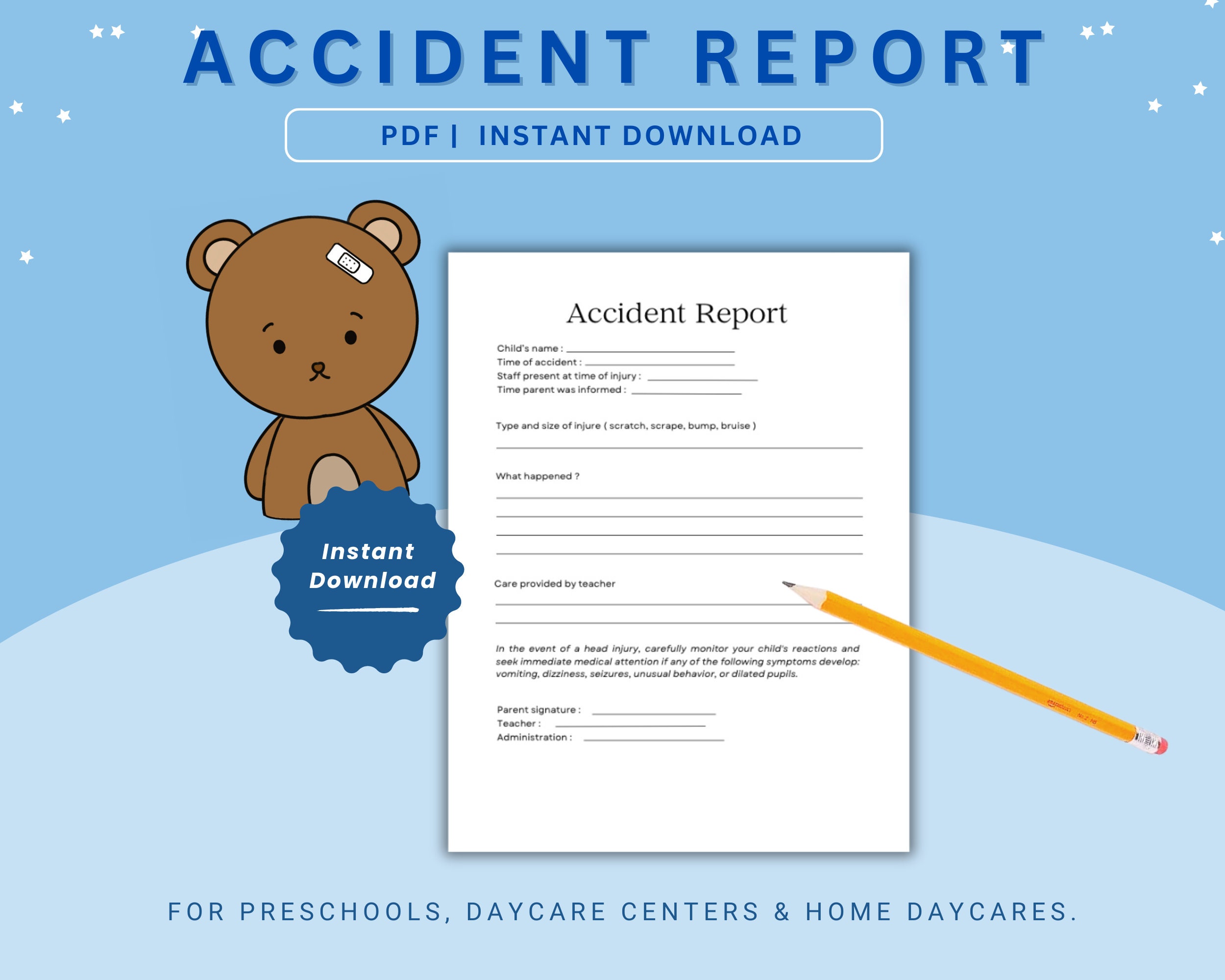 Daycare Printable Child Accident Report / Home Daycare Incident Report ...