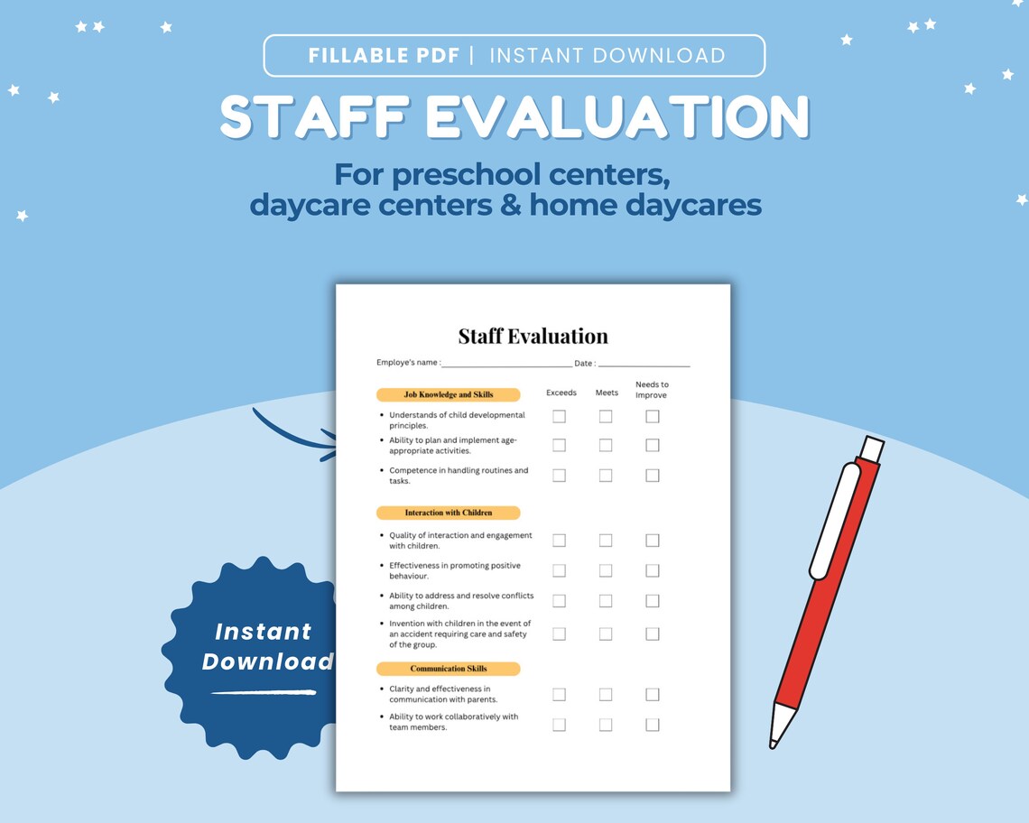 Daycare Staff Evaluation, Printable for Preschool, Daycare Centers ...
