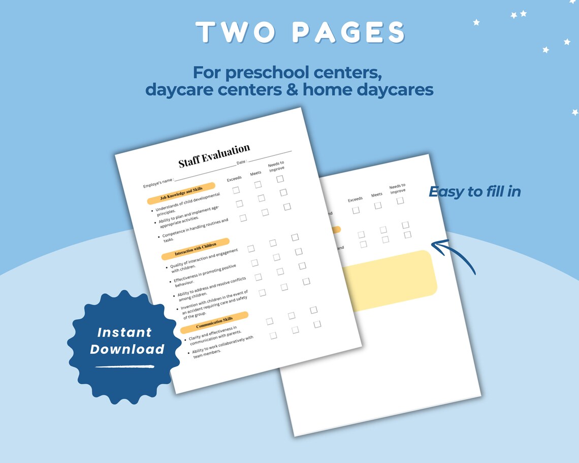 Daycare Staff Evaluation, Printable for Preschool, Daycare Centers ...