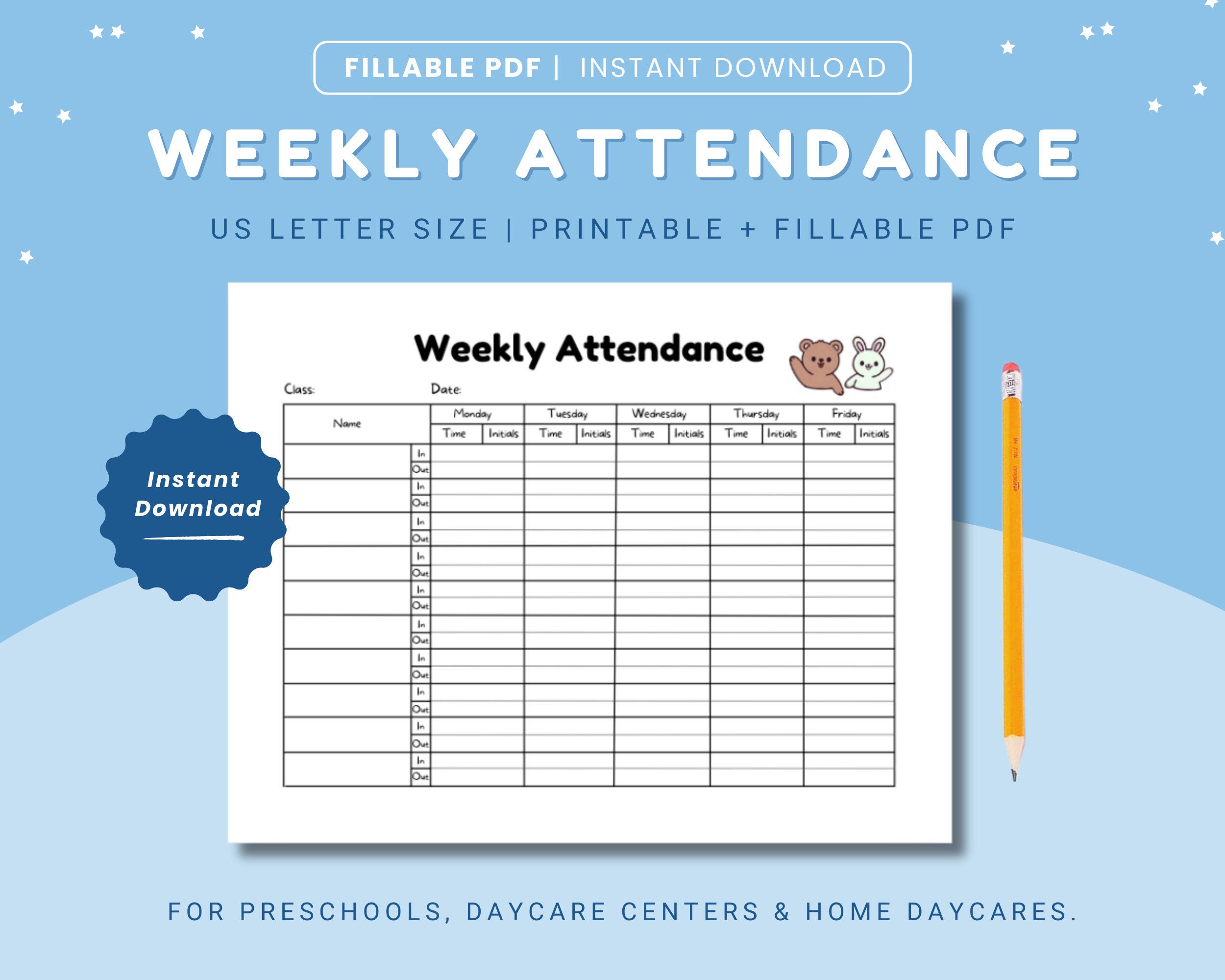 Daycare Weekly Attendance Form, Daycare Center, Childcare Centers ...