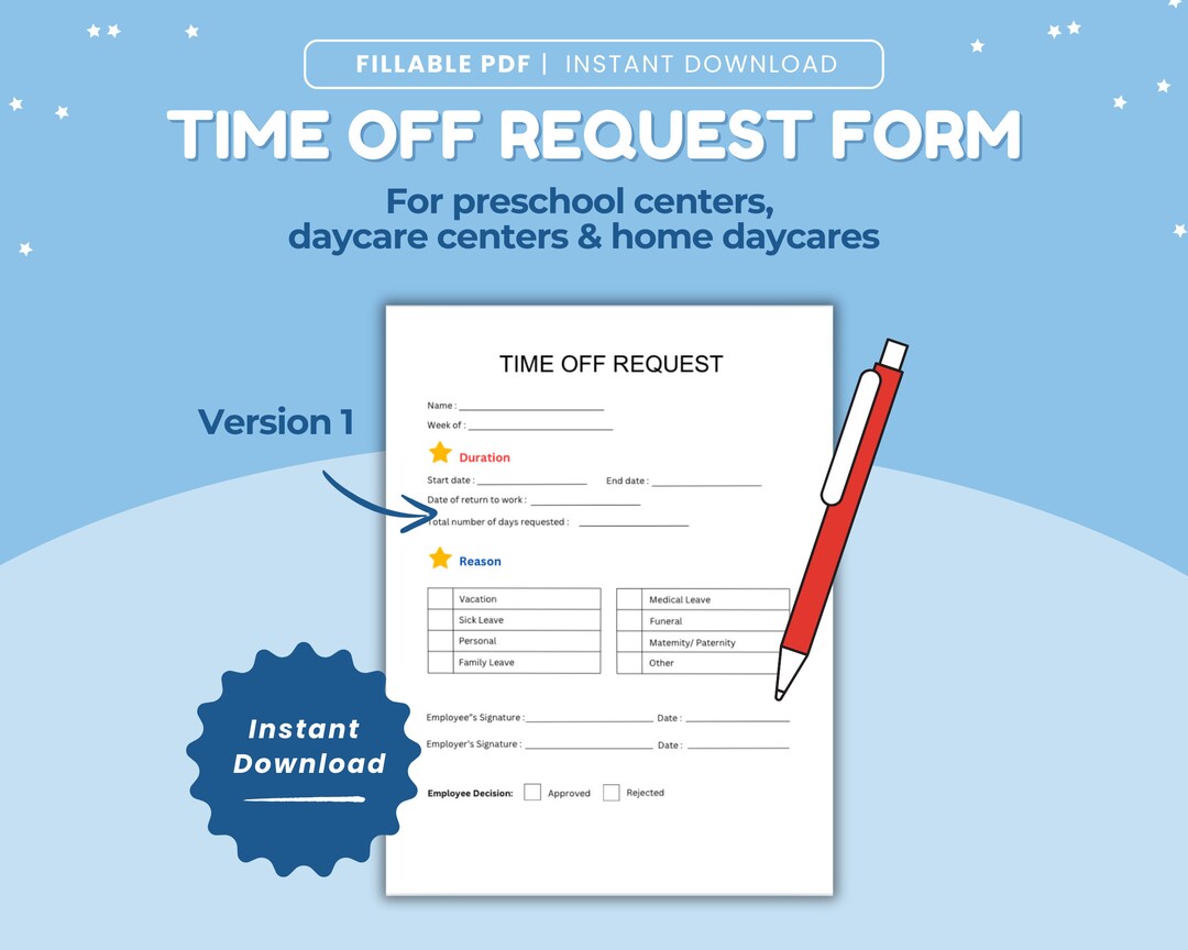 Employee Time off Request Form / Perfect for Preschool, Daycare Centers ...