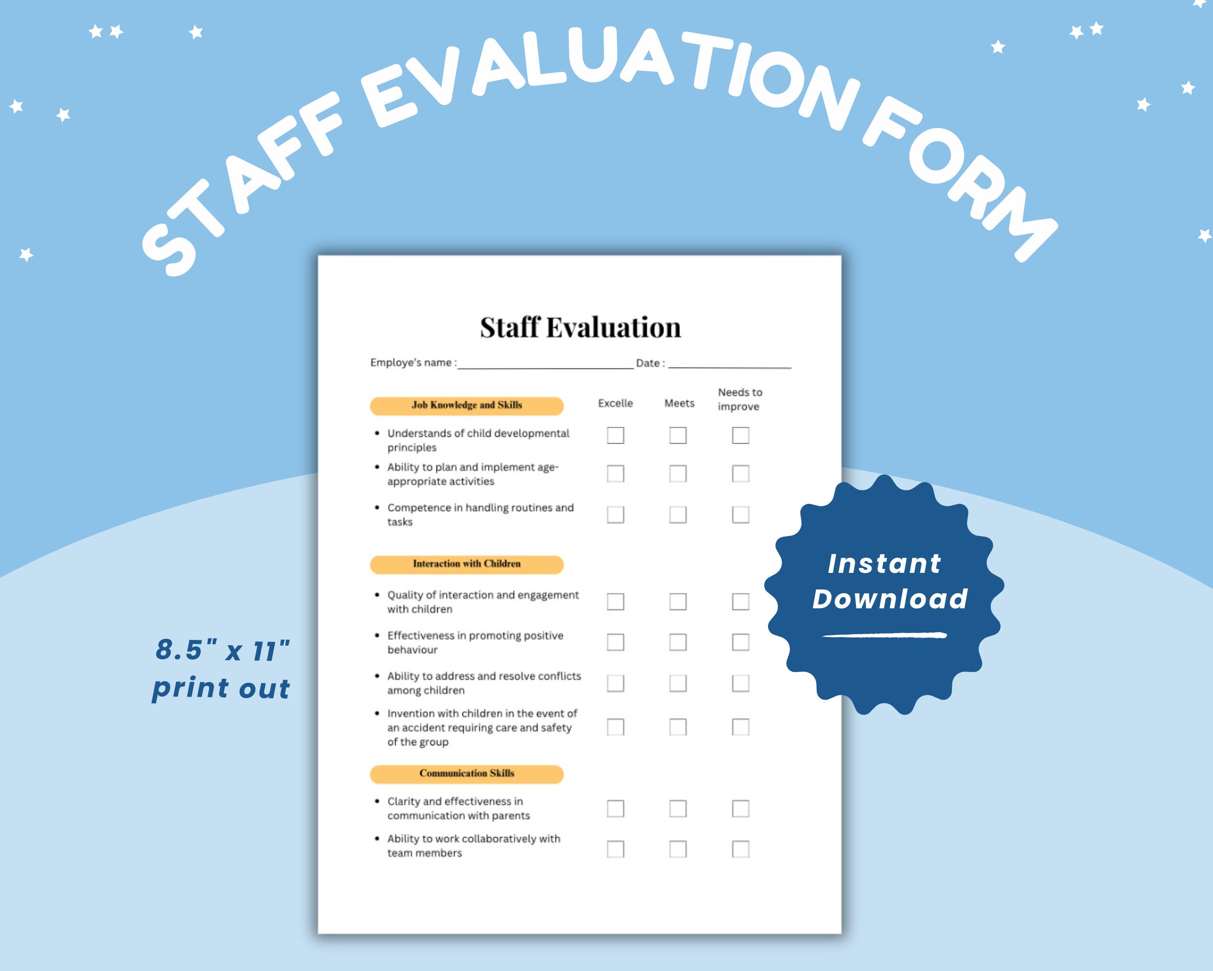 Daycare Staff Evaluation, Printable for Preschool, Daycare Centers ...