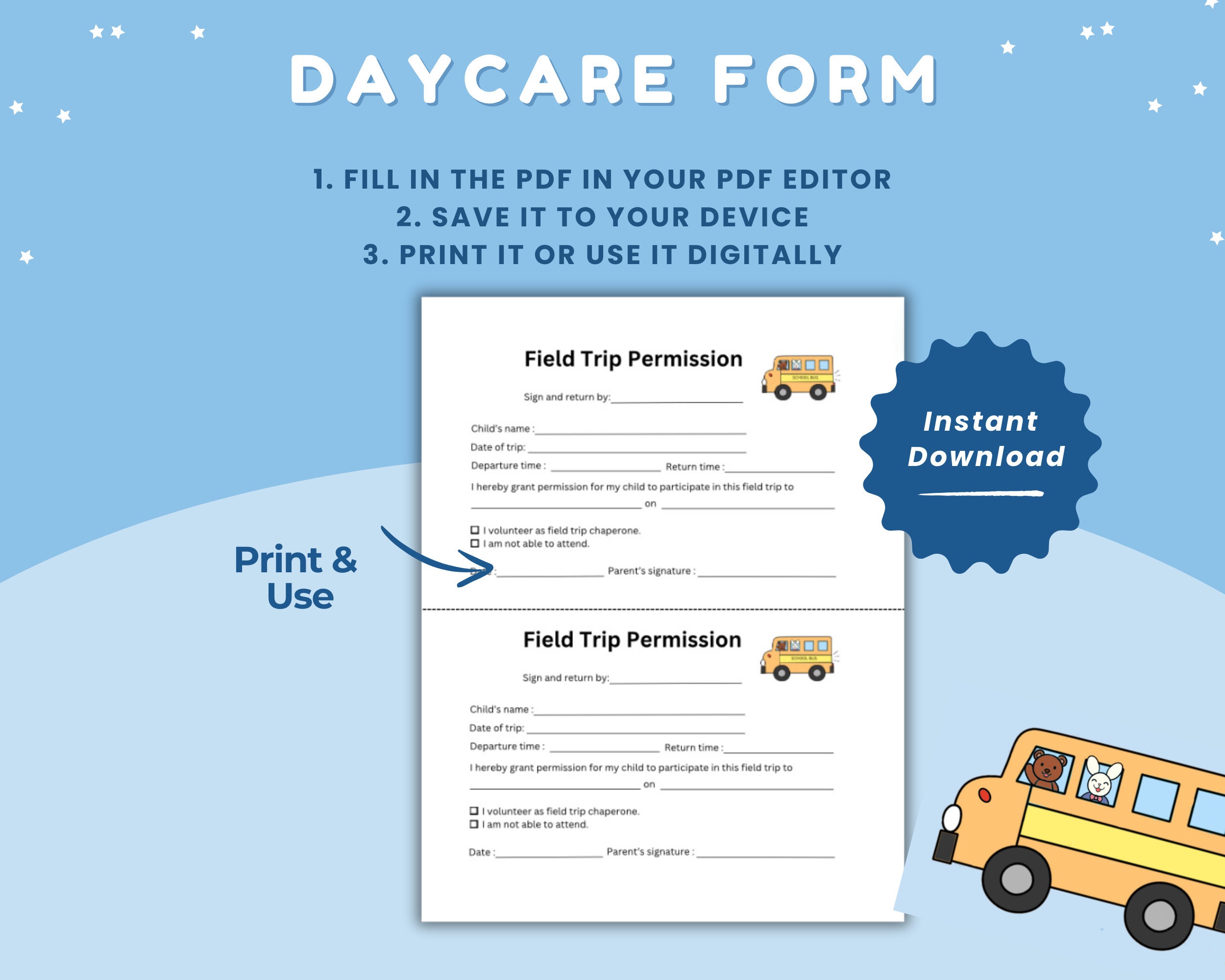Field Trip Permission Form / Childcare Center Printable Form / Perfect ...