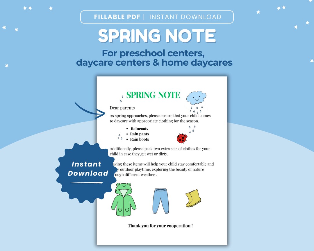 Spring Seasonal Reminder for Daycares, Preschools, Home Daycare ,change ...