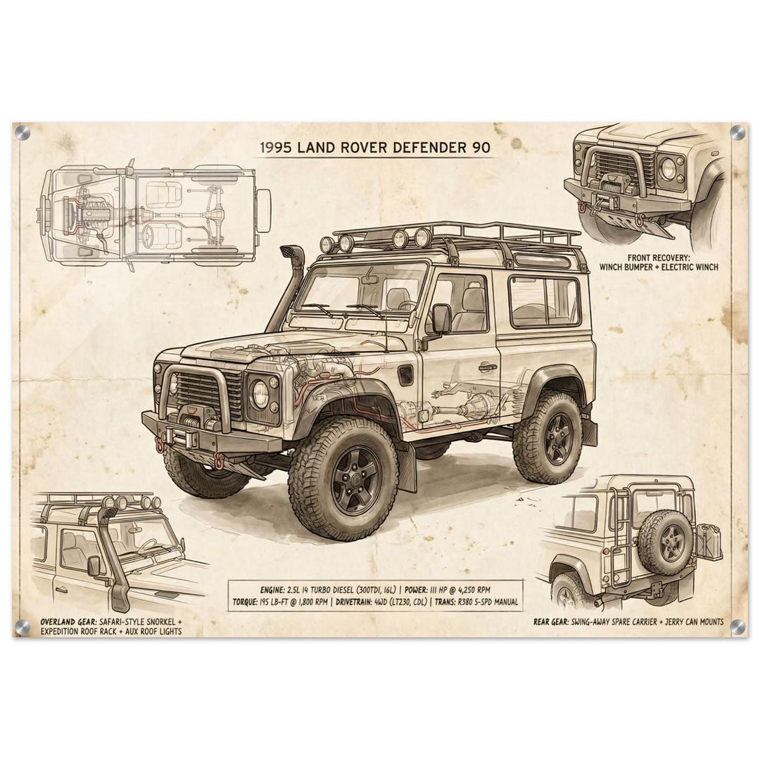 1995 Land Rover Defender Blueprint Wall Art | Acrylic or Poster ...