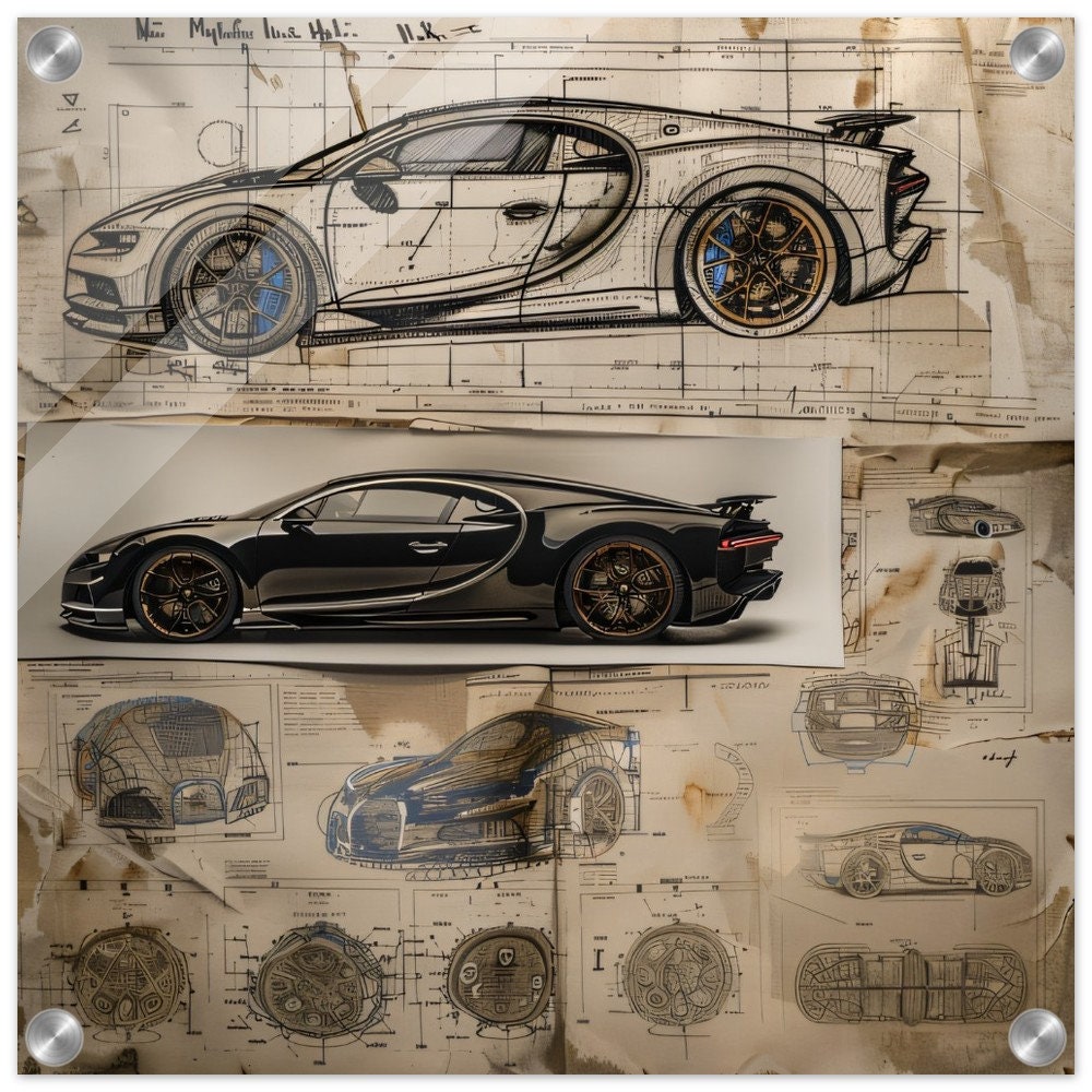 Bugatti Chiron Glass Wall Art Bugatti Chiron Blueprint Wall Art Bugatti ...