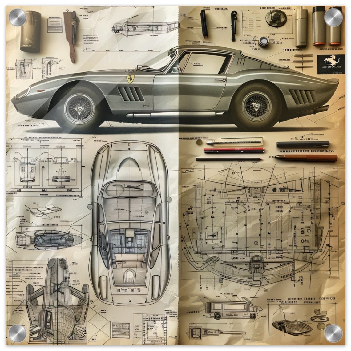 Ferrari Glass Wall Art Ferrari Blueprint Wall Art Ferrari Car Lovers ...