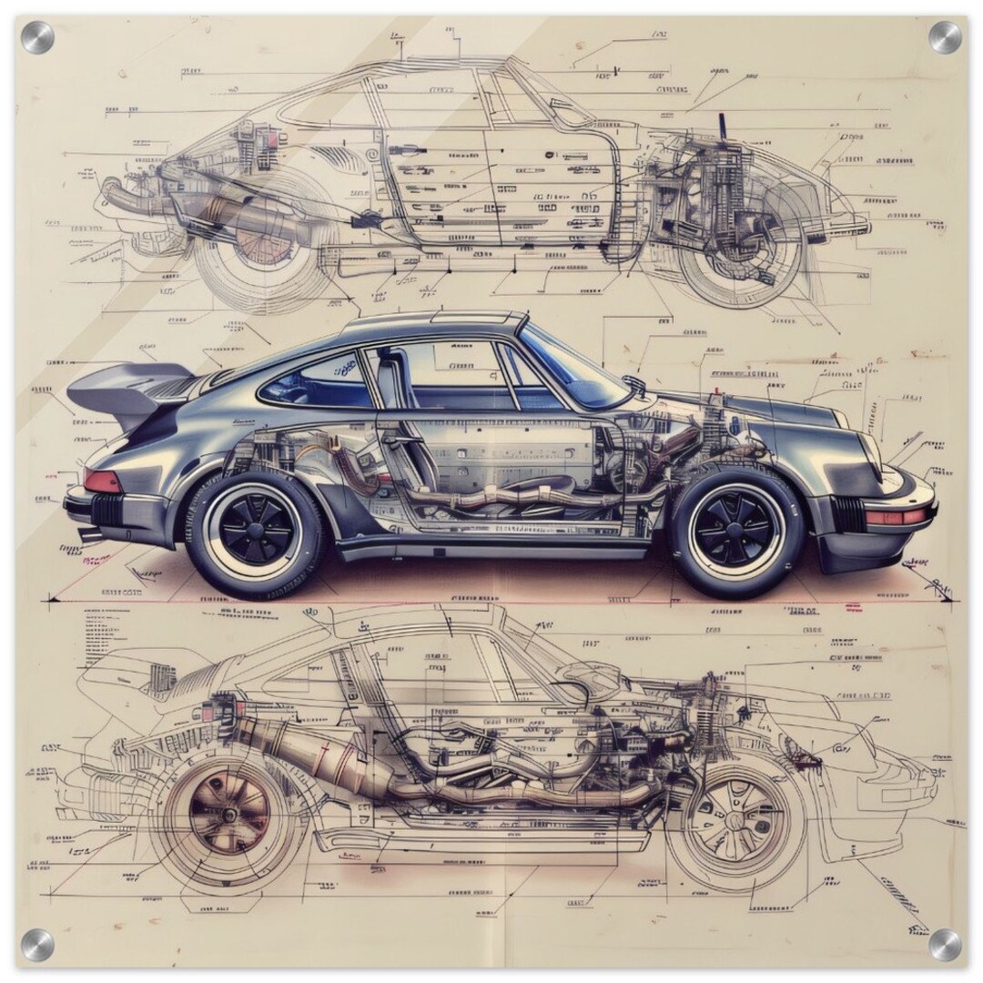 Porsche 911 Blueprint Wall Art – Acrylic Glass Print, Modern Car Decor ...