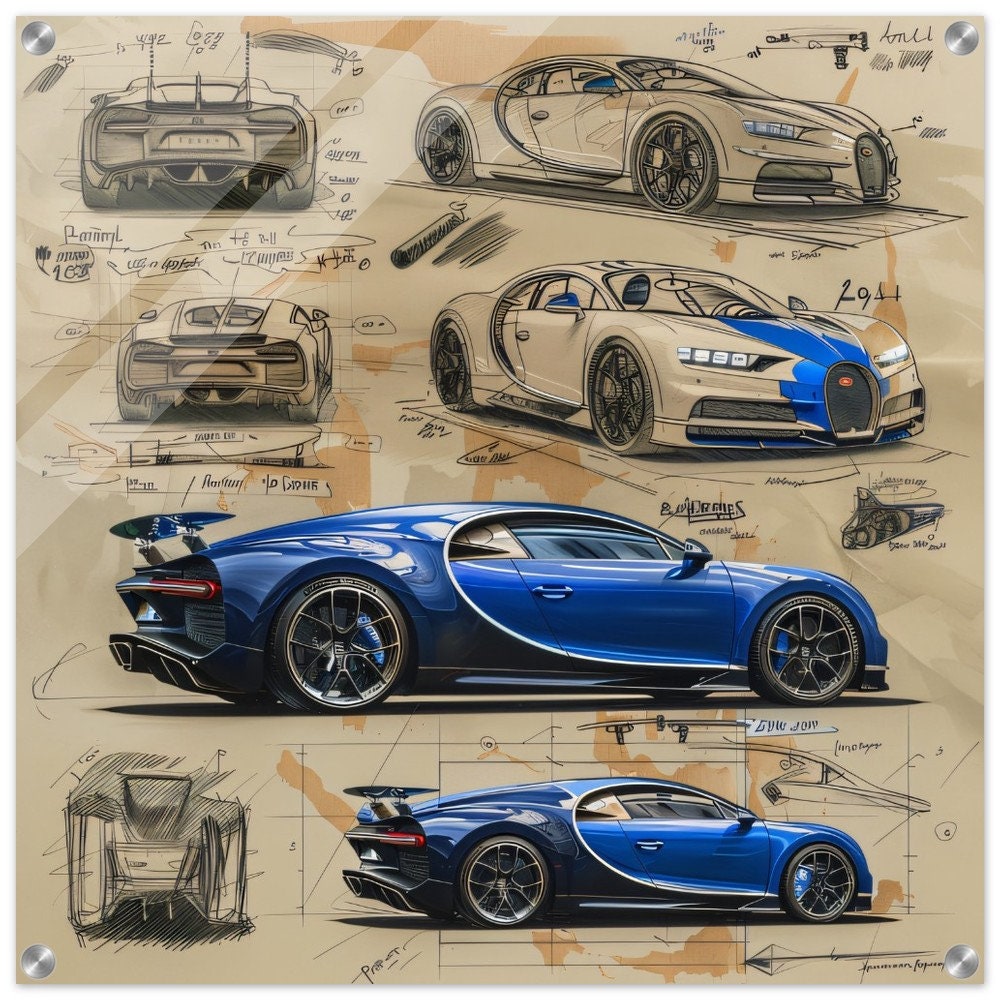 Bugatti Chiron Glass Wall Art | Bugatti Chiron Blueprint Wall Art ...
