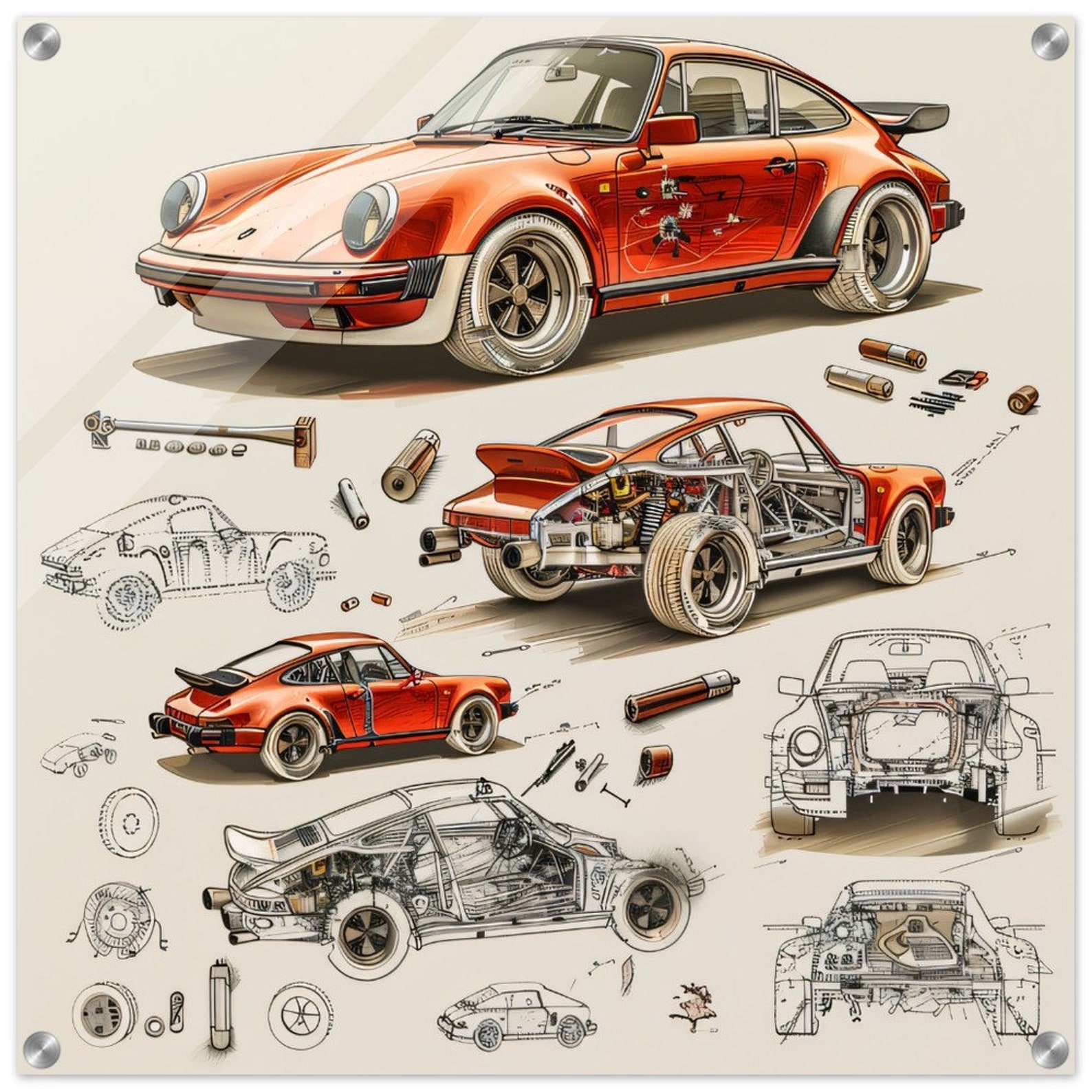 Porsche 911 Blueprint Wall Art – Acrylic Glass Print, Modern Car Decor ...