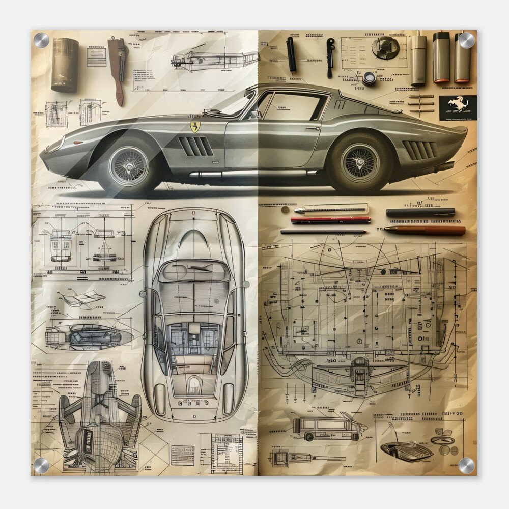 Ferrari Glass Wall Art Ferrari Blueprint Wall Art Ferrari Car Lovers ...