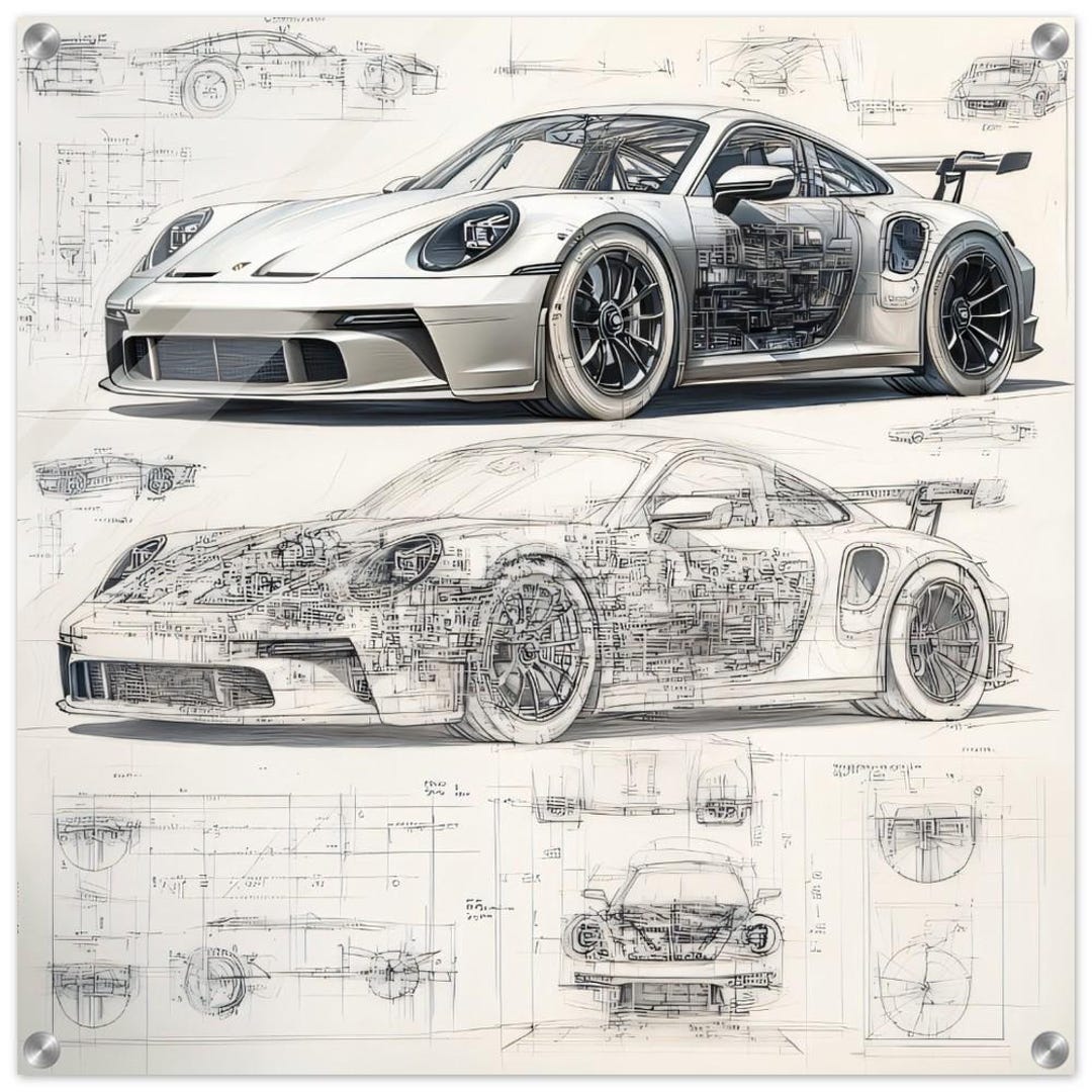 Porsche 911 Glass Wall Art | Porsche 911 Blueprint Wall Art | Porsche ...
