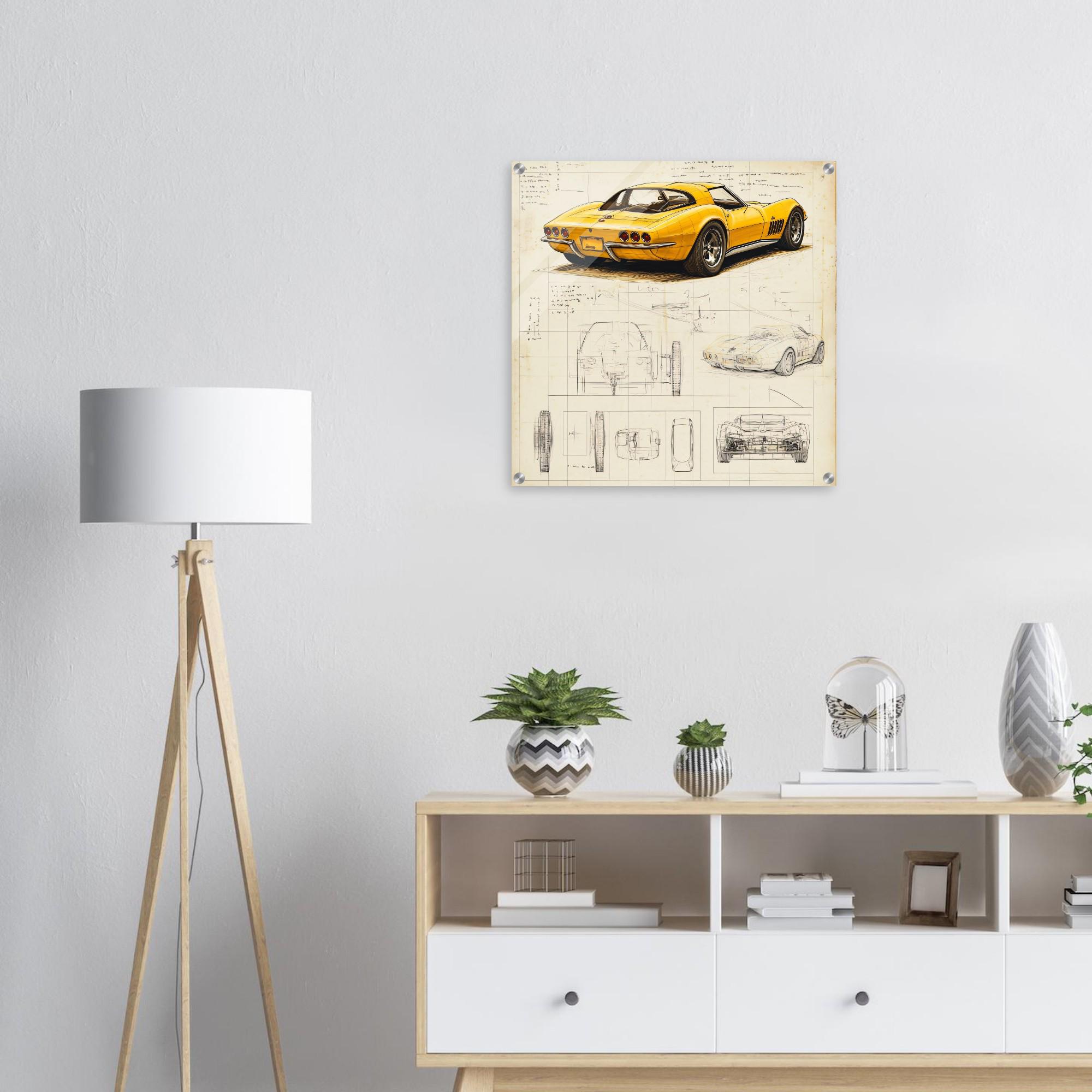 Chevy Corvette Acrylic Wall Art – Technical Blueprint Print, Modern Car ...