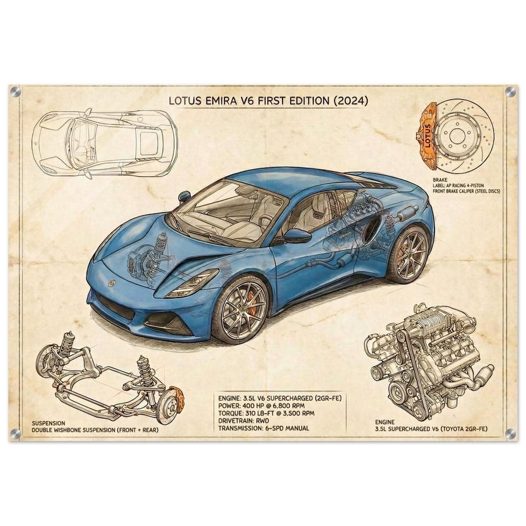 Lotus Emira Blueprint Wall Art | Classic Technical Drawing Print ...