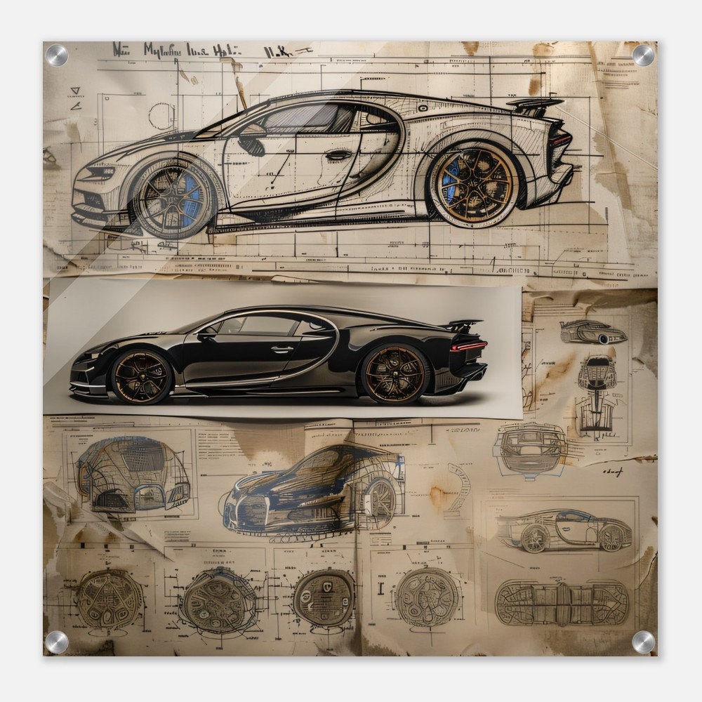 Bugatti Chiron Glass Wall Art Bugatti Chiron Blueprint Wall Art Bugatti ...