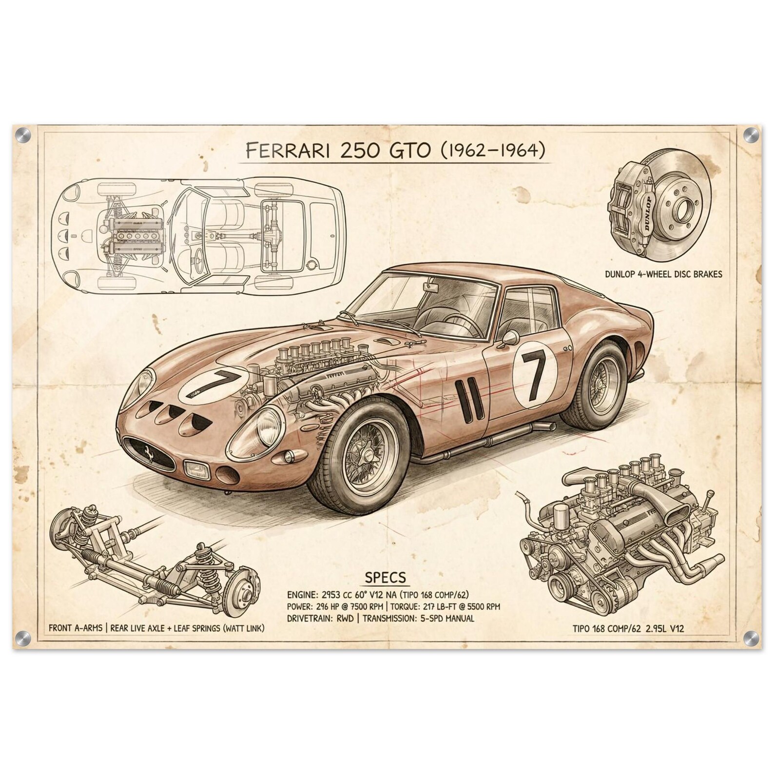 Ferrari 250 GTO Blueprint Acrylic Print - Classic Supercar Art for Car ...