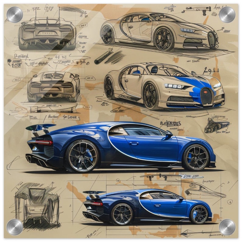 Bugatti Chiron Glass Wall Art | Bugatti Chiron Blueprint Wall Art ...