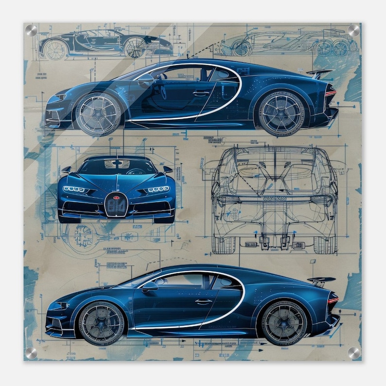 Bugatti Chiron Glass Wall Art | Bugatti Chiron Blueprint Wall Art ...